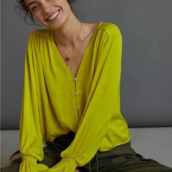 Anthropologie | Tops | Anthropologie Liora Vneck Button Down Blouse Chartreuse Medium Perfect ...